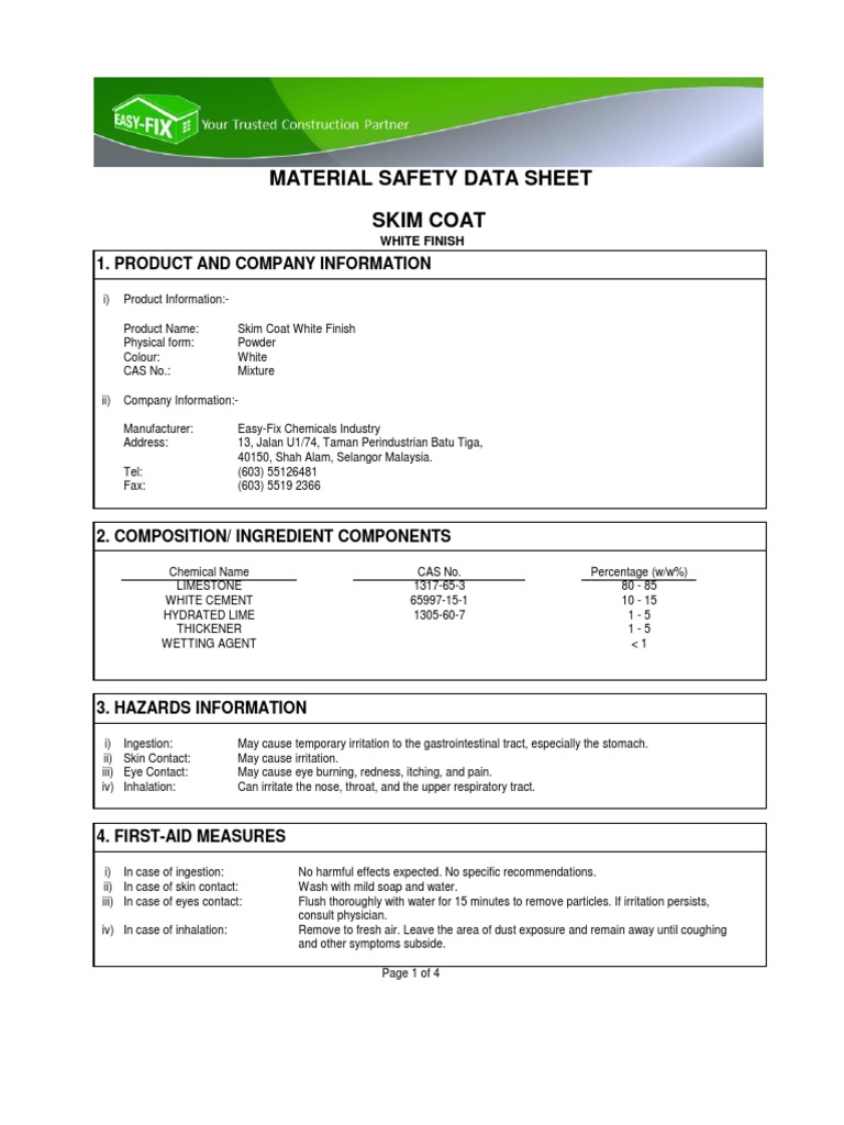 Skim Coat White Finish (MSDS) | PDF