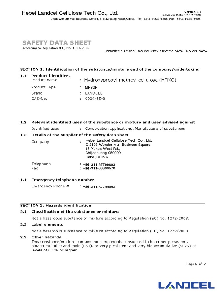 Safety Data Sheet for Hydroxypropyl Methyl Cellulose from Hebei Landcel ...