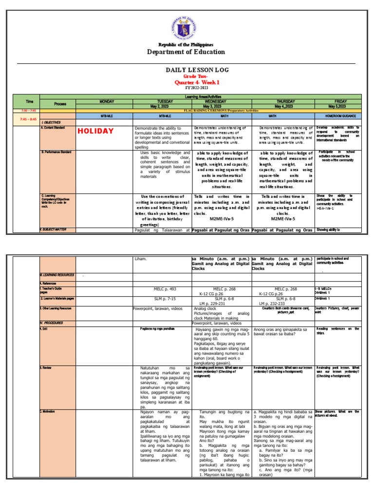 Daily Lesson Log Grade Two Q4 Week 1 | PDF