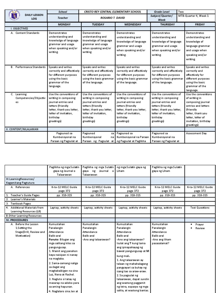 Dll Mtb 2 Week12 Q4 Pdf Grammar Cognitive Science 