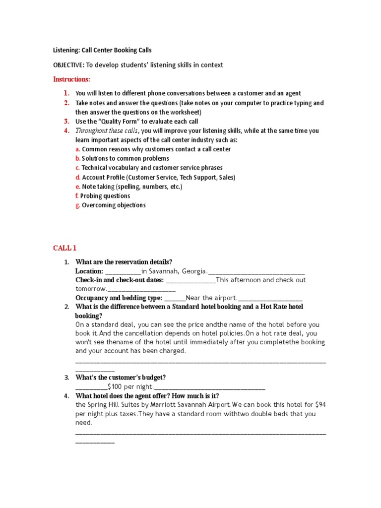 Booking Calls Questions Pdf