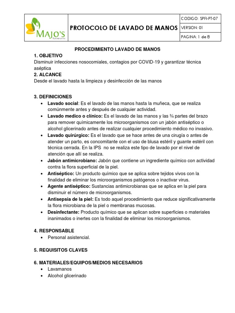 SPFI-PT-07 PROCEDIMIENTO LAVADO DE MANOS | PDF | Lavado de manos | Especialidades Medicas