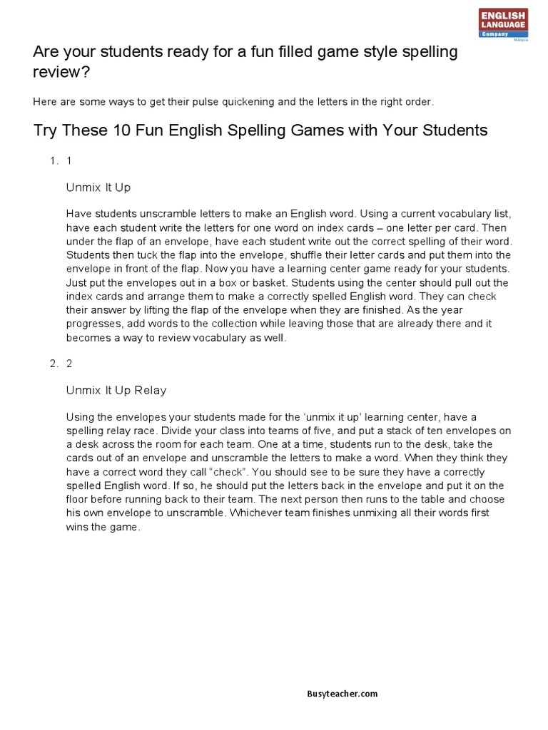 10 English Spelling Games | PDF