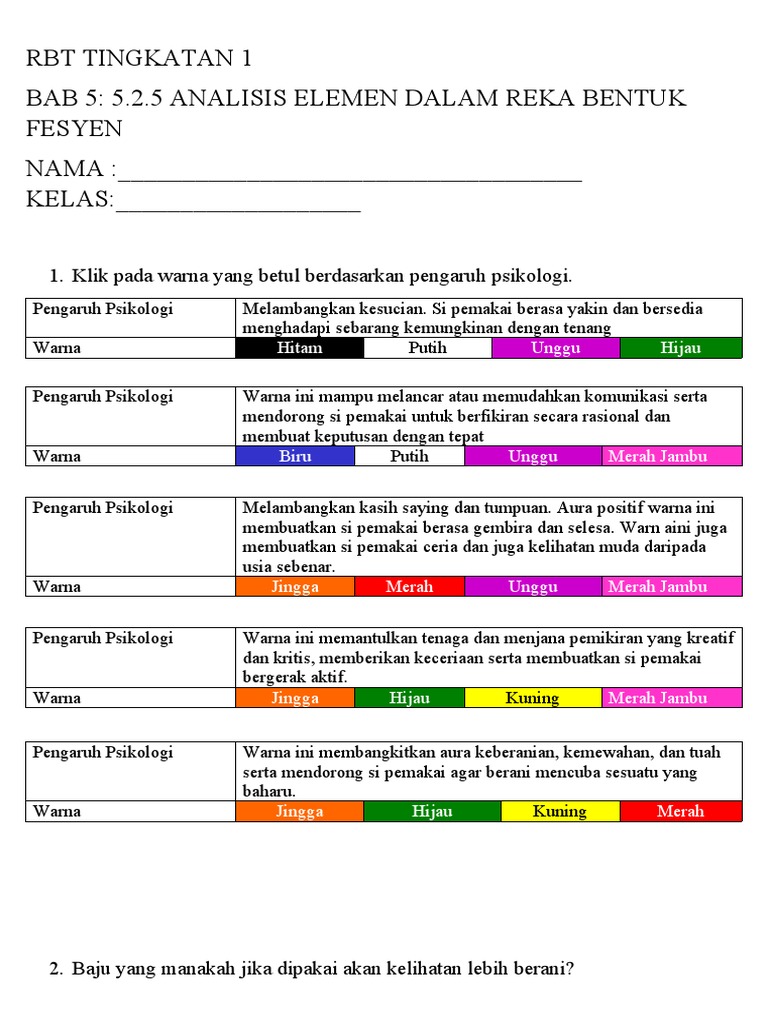 Analisis Elemen Fesyen RBT Tingkatan 1 | PDF