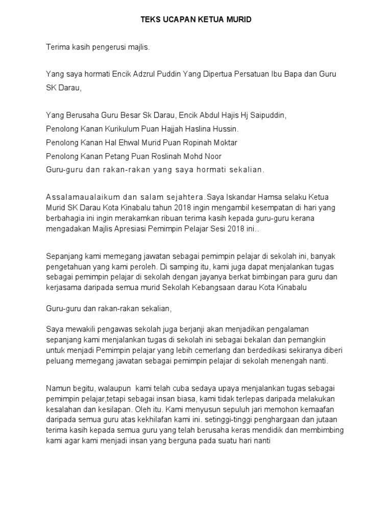 tEKS UCAPAN KETUA Murid | PDF