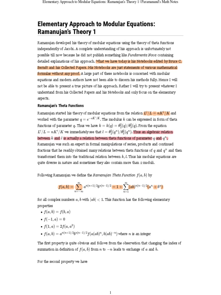 2011 11 Elementary Approach To Modular Equations Ramanujans Theory 1