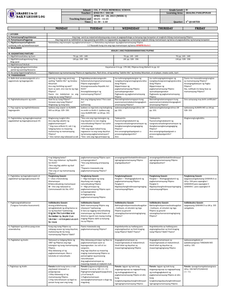 DLL Araling Panlipunan 4 Q4 W1 PDF