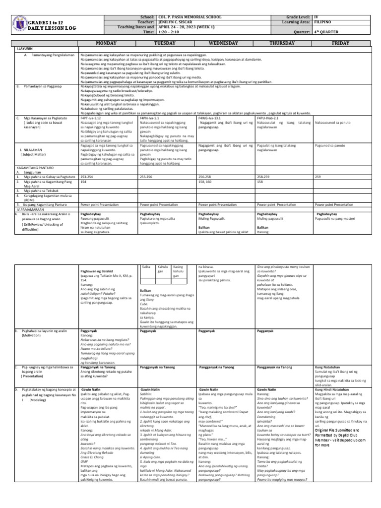 DLL - Filipino 4 - Q4 - W1 | PDF