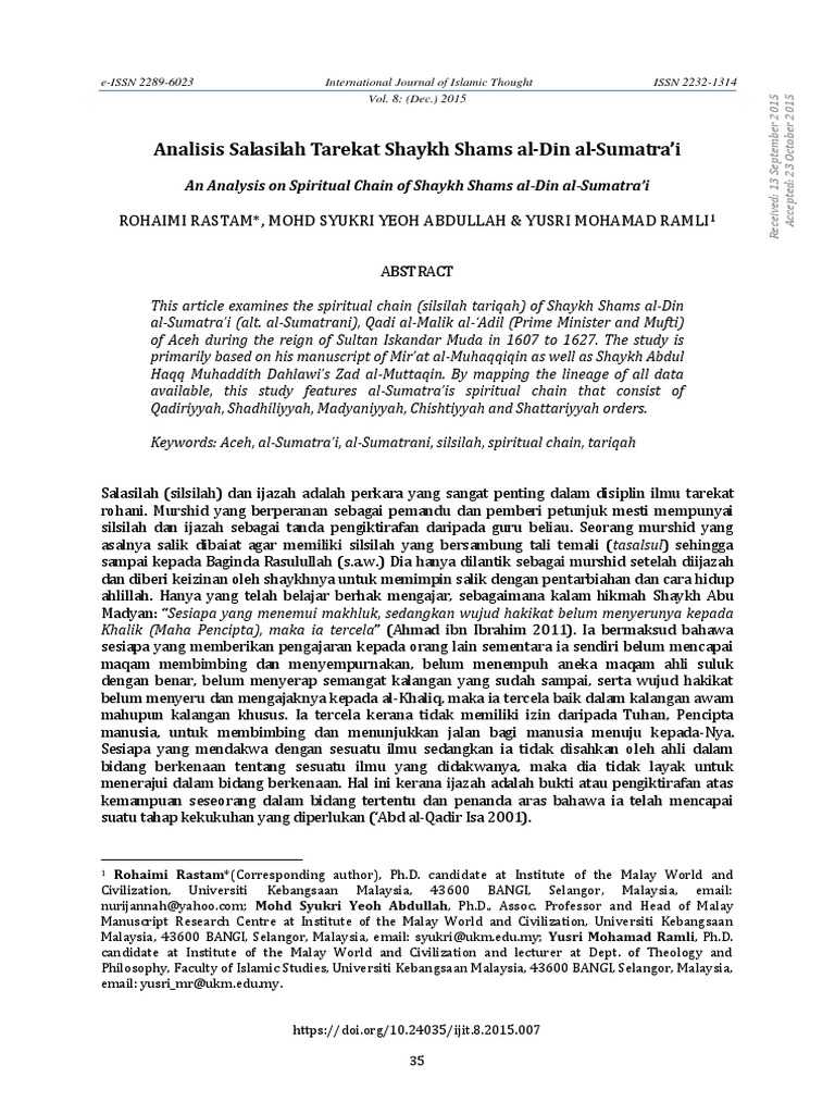 Analisis Salasilah Tarekat Shaykh Shams Al-Din Al-Sumatra'i PDF | PDF