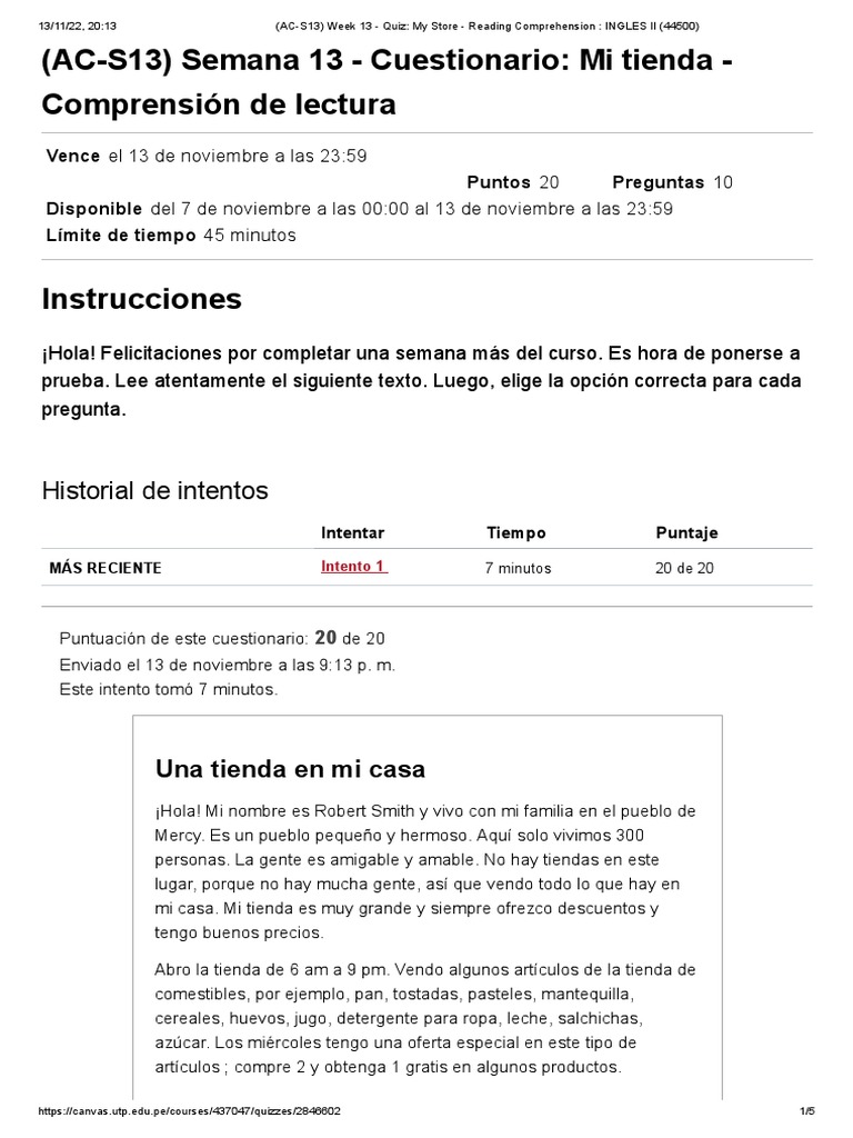 (AC-S13) Week 13 - Quiz - My Store - Reading Comprehension - INGLES II (44500) PDF | PDF ...