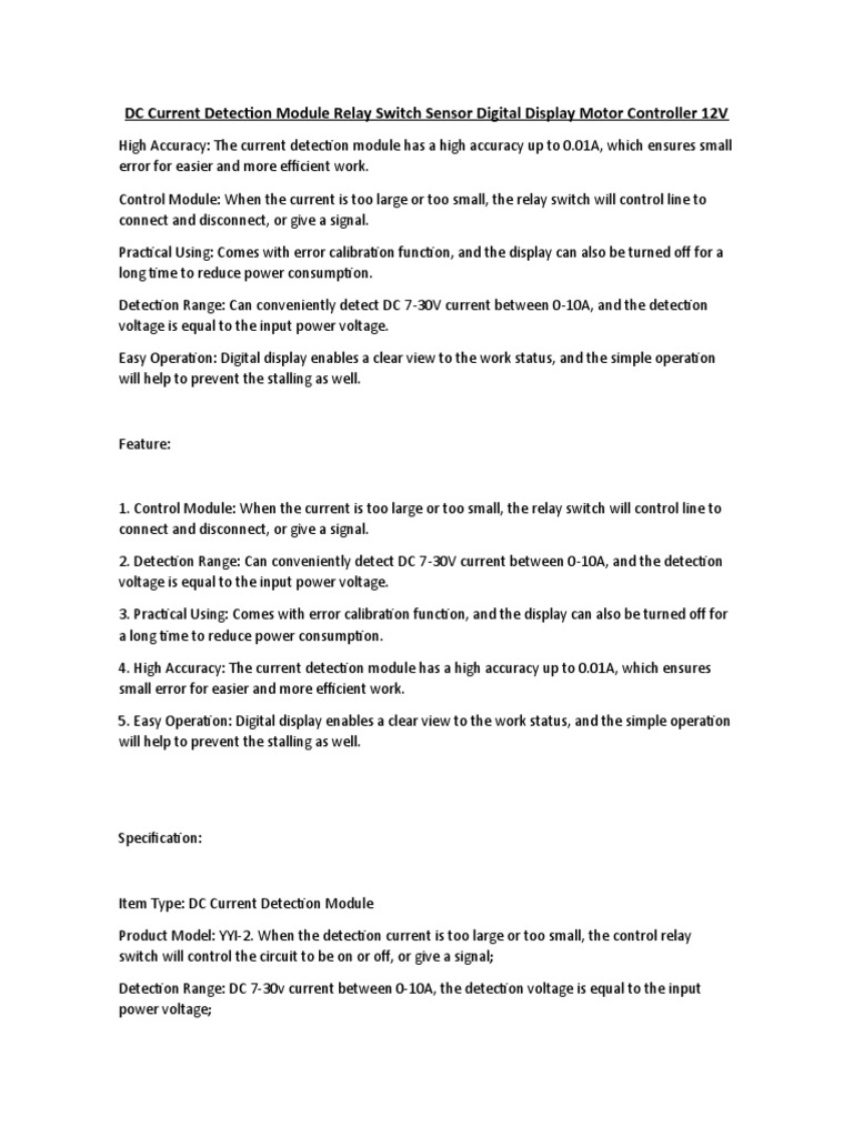 DC Current Detection Module Relay Switch Sensor Digital Display Motor Controller 12V.docx | PDF
