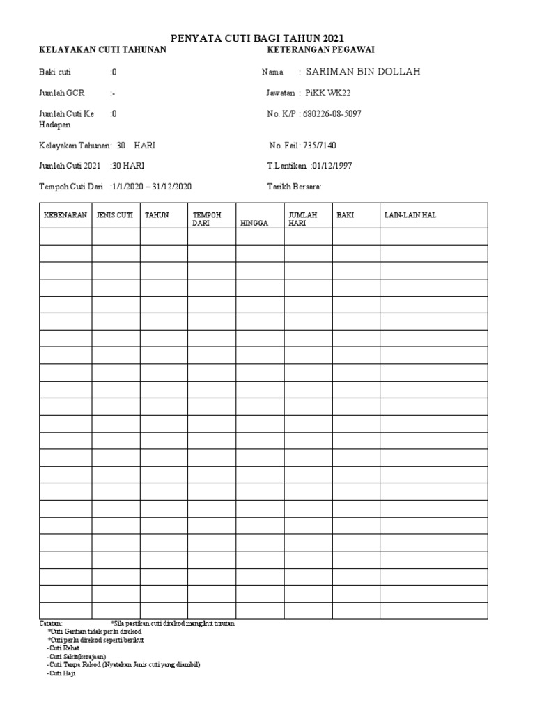 PENYATA CUTI BAGI TAHUN.doc | PDF