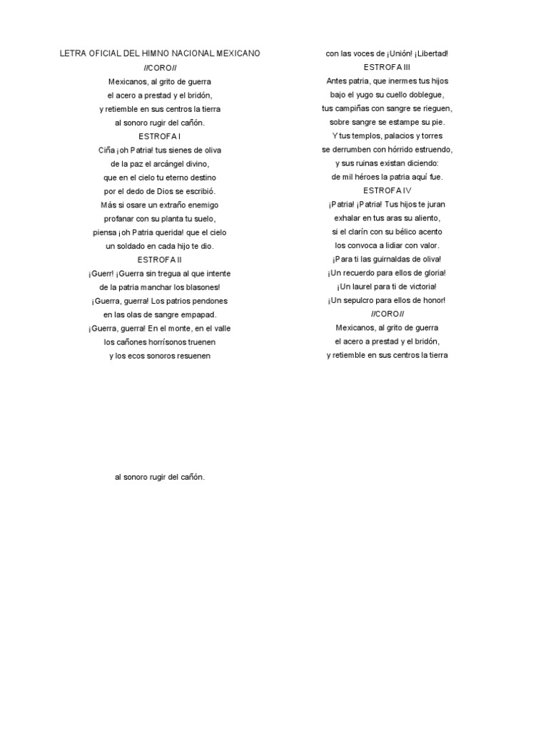 LETRA OFICIAL DEL HIMNO NACIONAL MEXICANO.docx | PDF