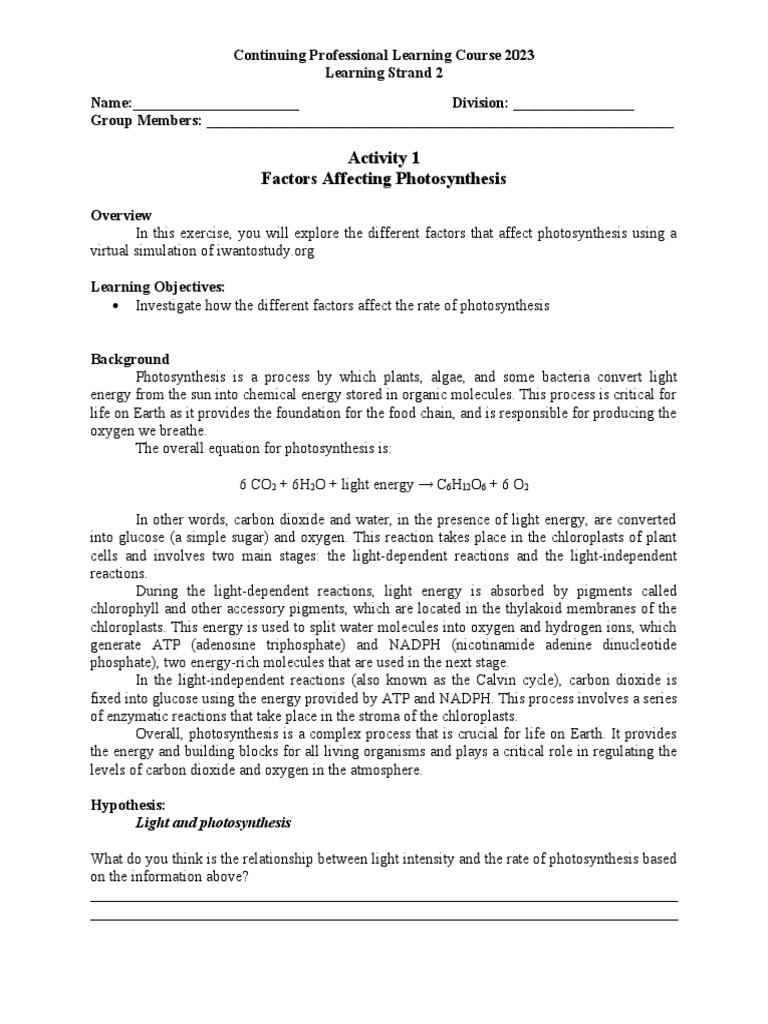 Factors Influencing Photosynthesis Rates | PDF