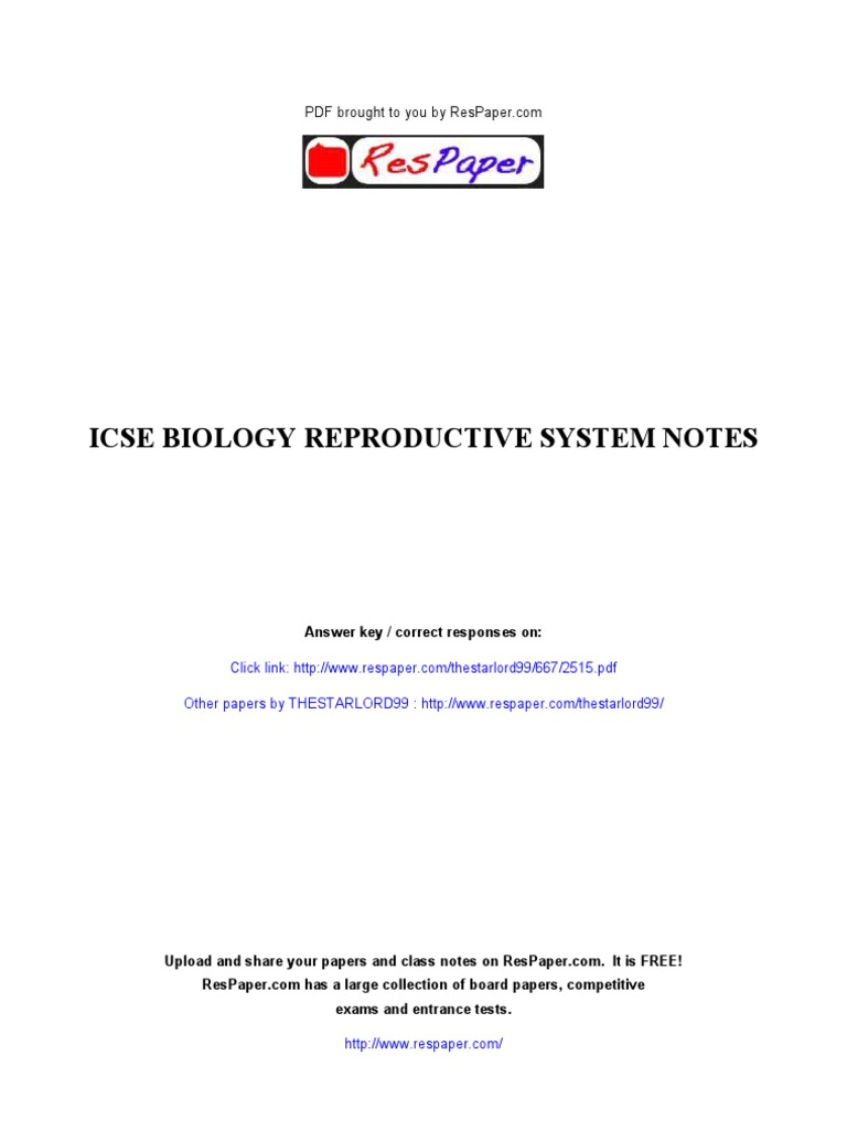 ResPaper ICSE BIOLOGY REPRODUCTIVE SYSTEM NOTES | PDF