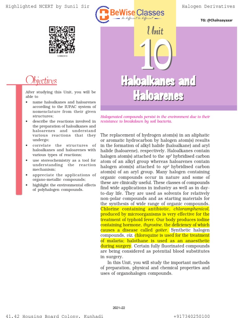 HALOALKANES & HALOARENES - NCERT HIGHLIGHTED BEWISE.pdf | PDF