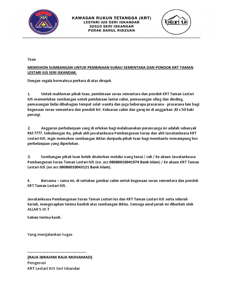Surat Permohonan Sumbangan Surau Sementara Dan Pondok KRT PDF | PDF