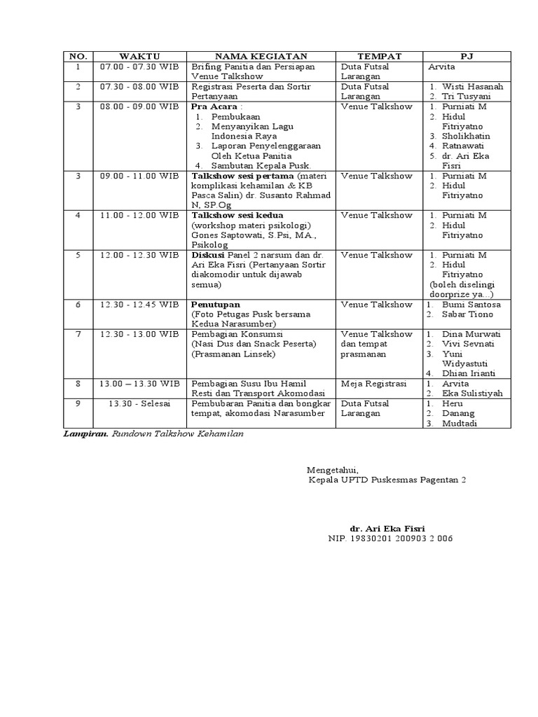 Panitia Dan Rundown Talkshow Kehamilan | PDF