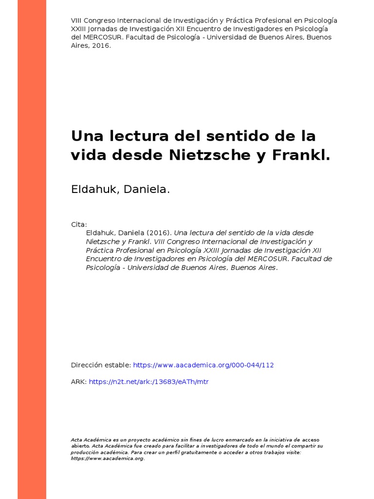 Eldahuk, Daniela (2016) - Una Lectura Del Sentido de La Vida Desde Nietzsche y Frankl | PDF ...