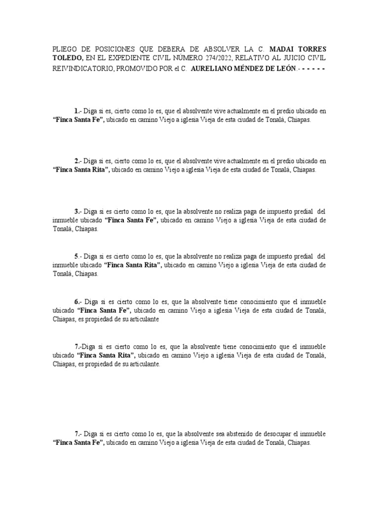 PLIEGO DE POSICIONES QUE DEBERA DE ABSOLVER El DEMANDADO MADAI TORRES TOLEDO | PDF