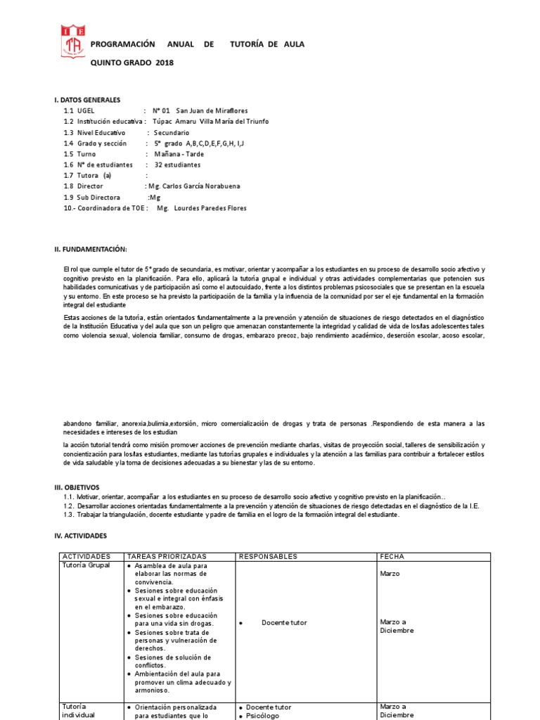 5 - Plan Tutorial de Aula 5to 2023 | PDF | Trabajo Social | Maestros