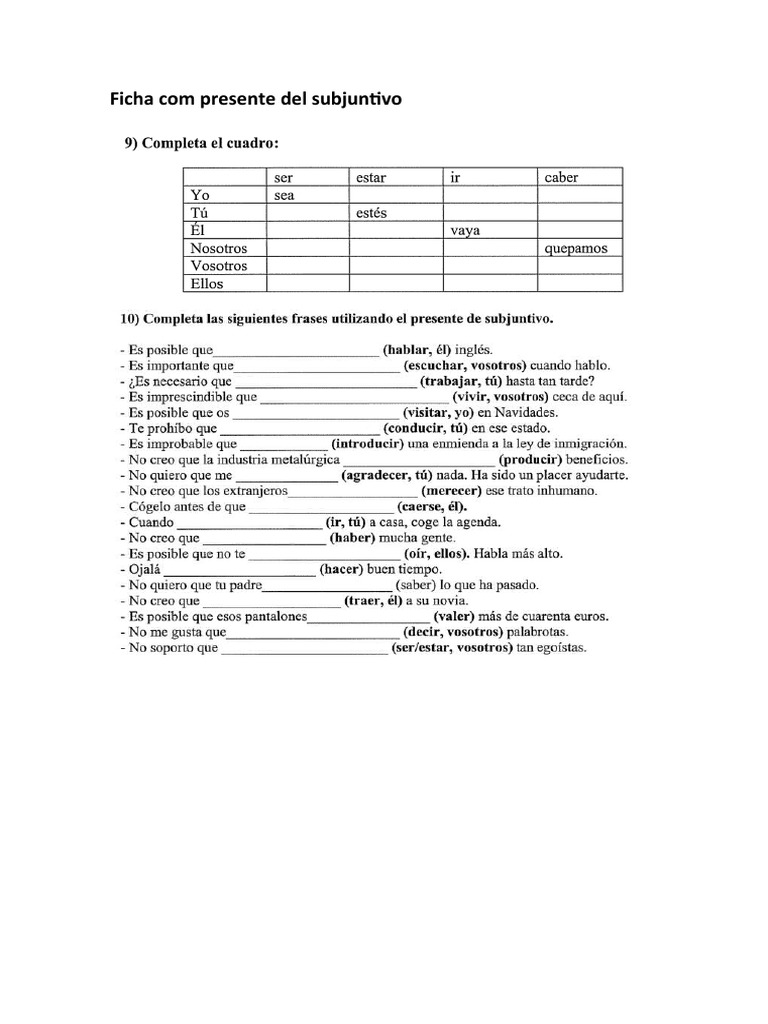 Ficha Com Presente Del Subjuntivo | PDF