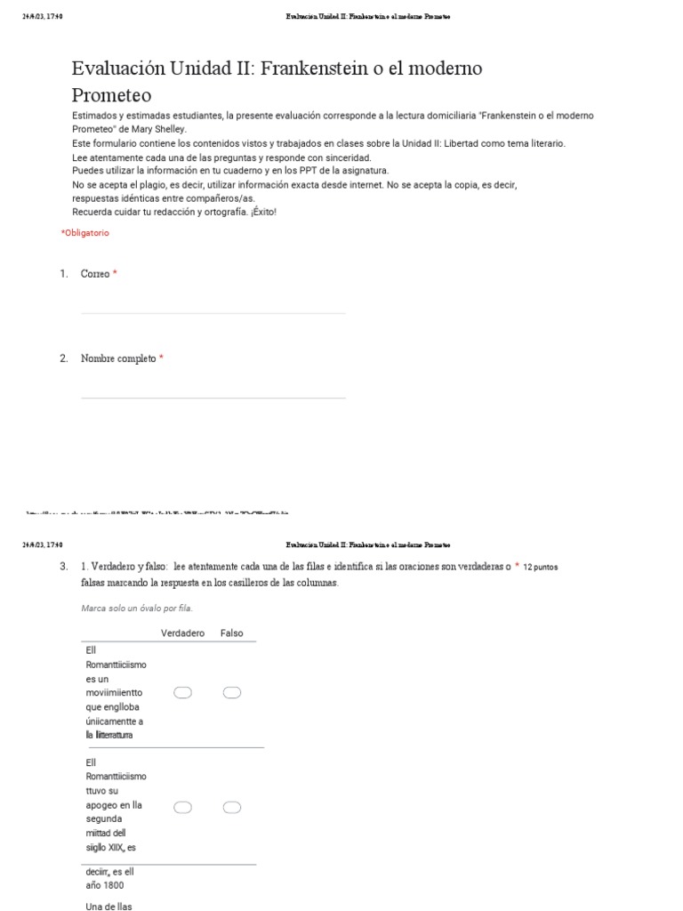 Evaluación Unidad II_ Frankenstein - Formularios de Google.docx | PDF
