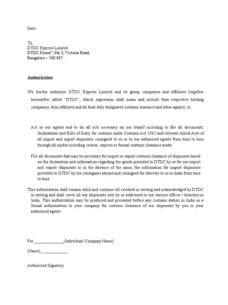 DTDC KYC Authorization Letter PDF | PDF