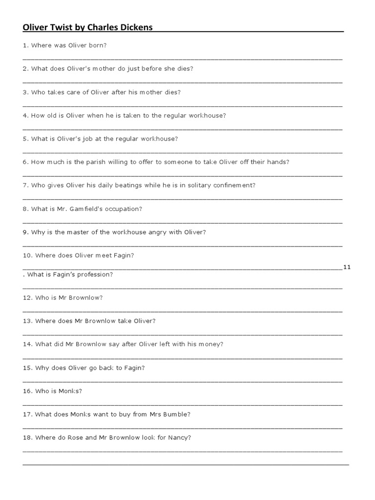 Oliver Twist by Charles Dickens-Questionnaire | PDF