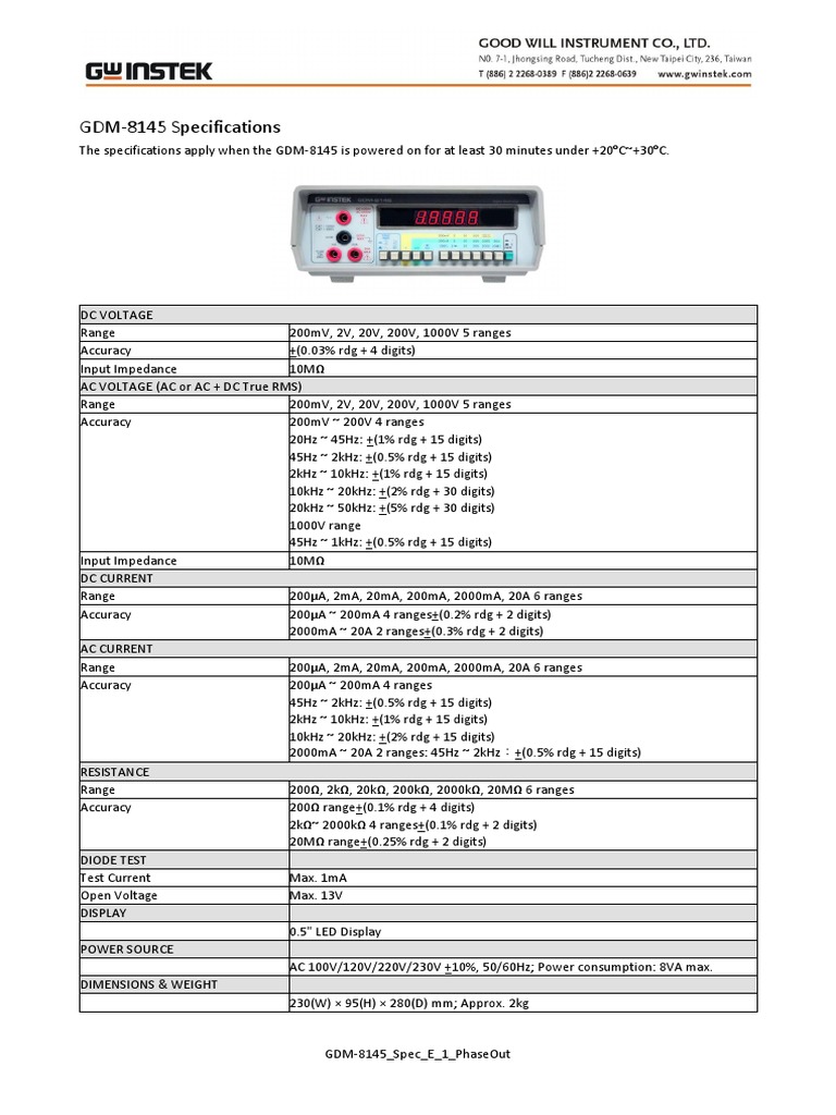 Specifications for the GDM-8145 Digital Multimeter Including ...