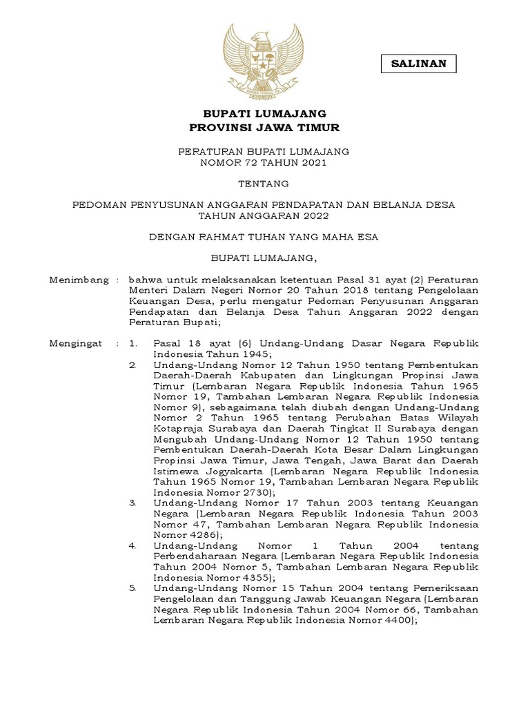 Perbup-No-72 - 2021-tentang-Pedoman-Pengelolaan-APBDesa-TA-2022 Kab Lumajang | PDF