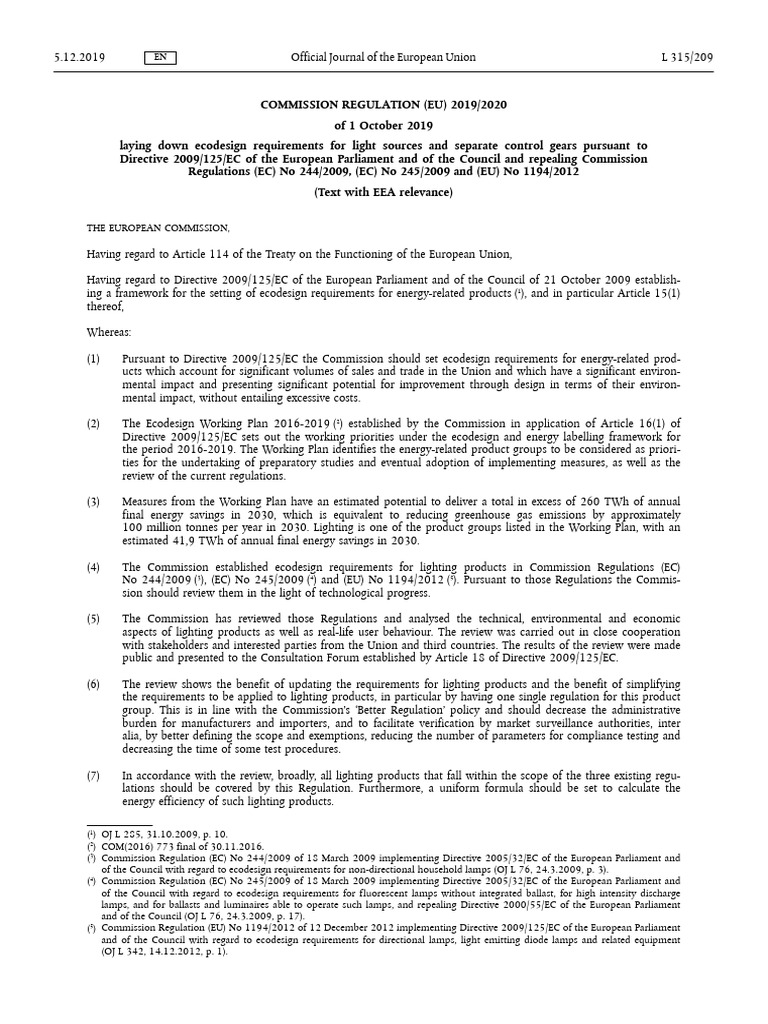 Commision Regulation (EU) 2019-2020 Ecodesign Requirements For Light ...