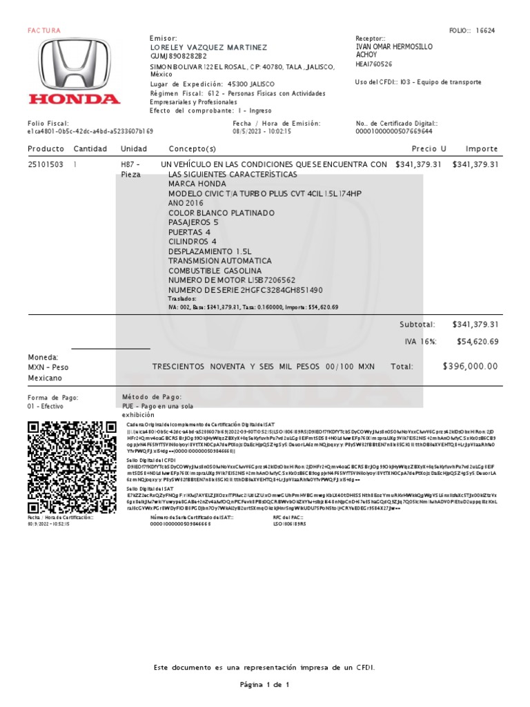 Factura Honda (Ivan Hermosillo) PDF | PDF | Vehículos | Vehículo de motor