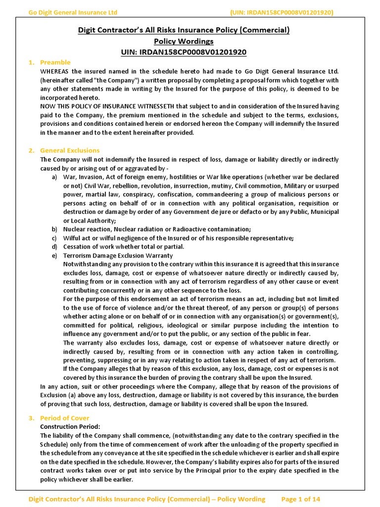 Digit Contractor's All Risks Insurance Policy (Commercial) PDF ...