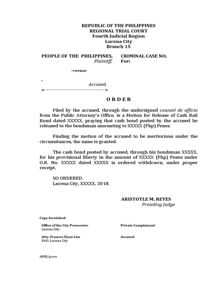 Motion To Release Cash Bond | PDF