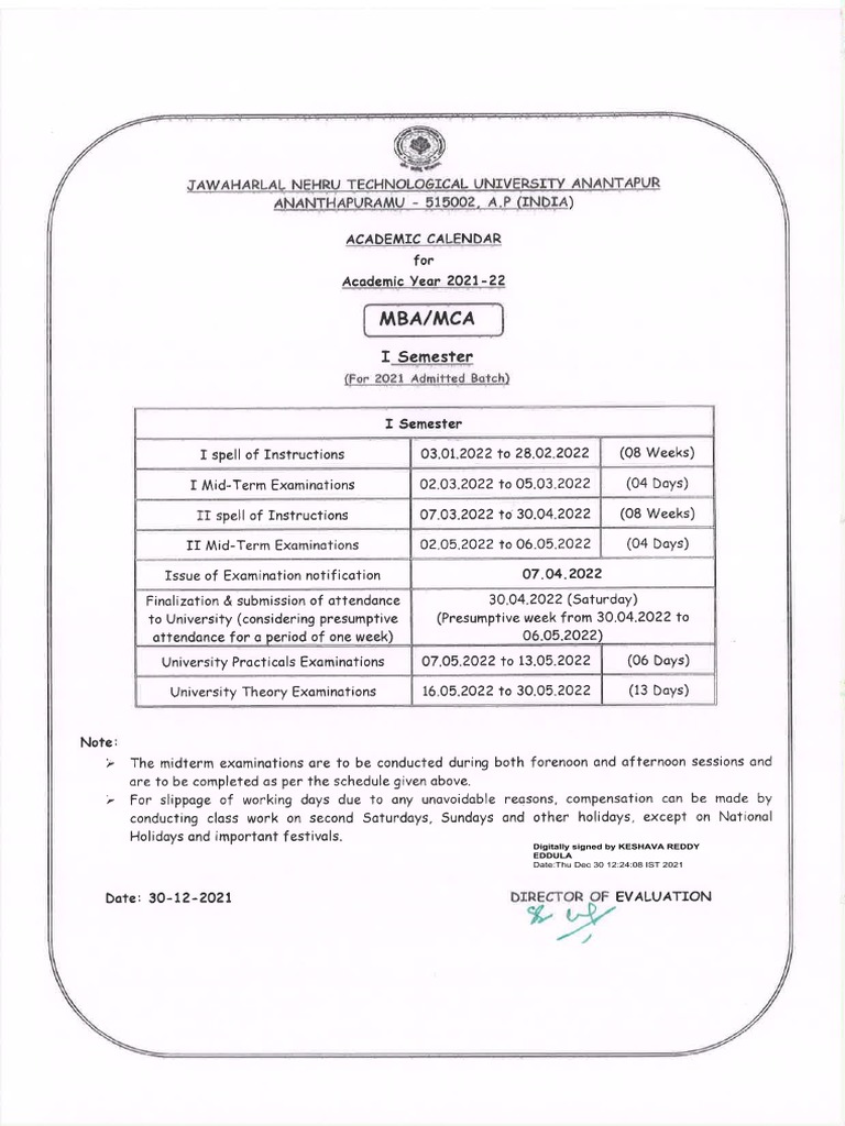 MBA MCA I Sem Academic Calendar For AY 2021 22 - Sign | PDF