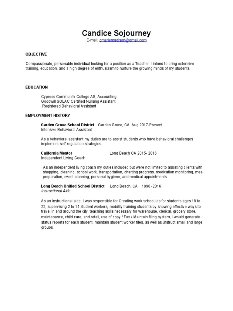 Resume Candice Sojourney Teacher | PDF