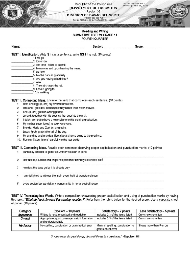 RW Summative Test 4th Quarter | PDF