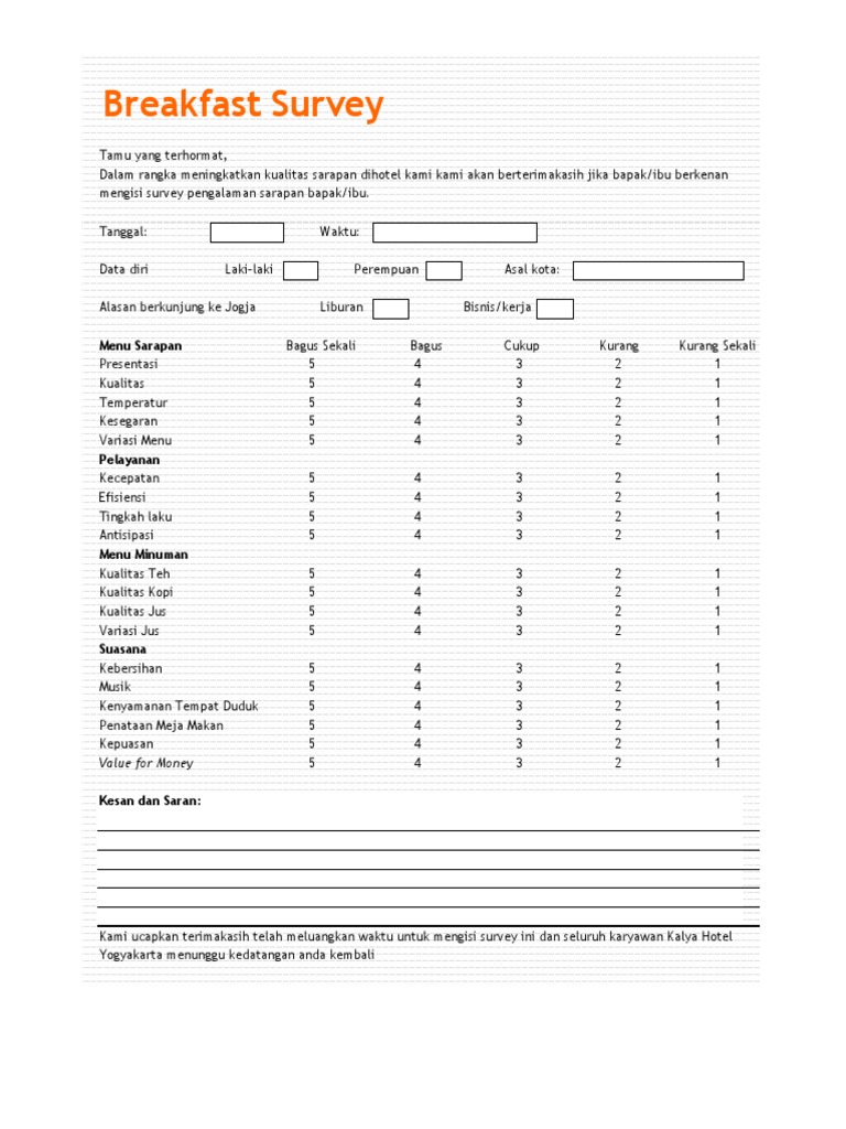 Survei Sarapan Kalya Hotel | PDF