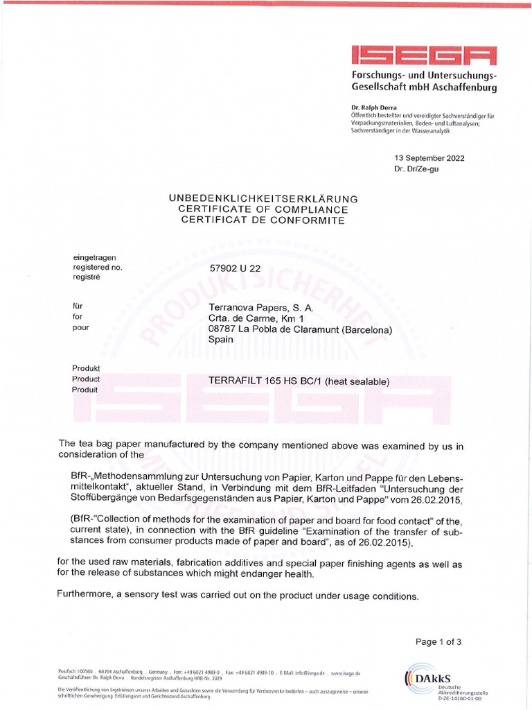 Isega Certificate-terrafilt 165 Hs Bc1-Validity September 2024 | PDF