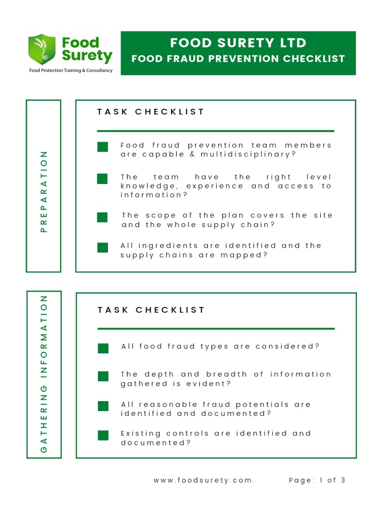 Food Fraud Prevention Checklist Food Surety Limited P Pdf