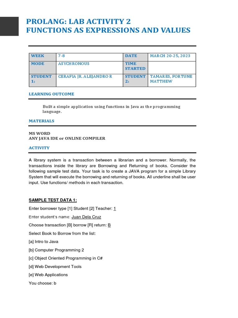 Cerafica Tamares - Prolang Laboratory Activity 2 PDF | PDF | Computer Programming | Java ...