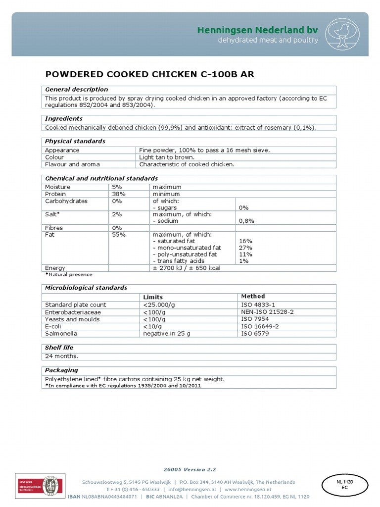 Powdered Cooked Chicken C-100B AR | PDF | Fat | Food Ingredients