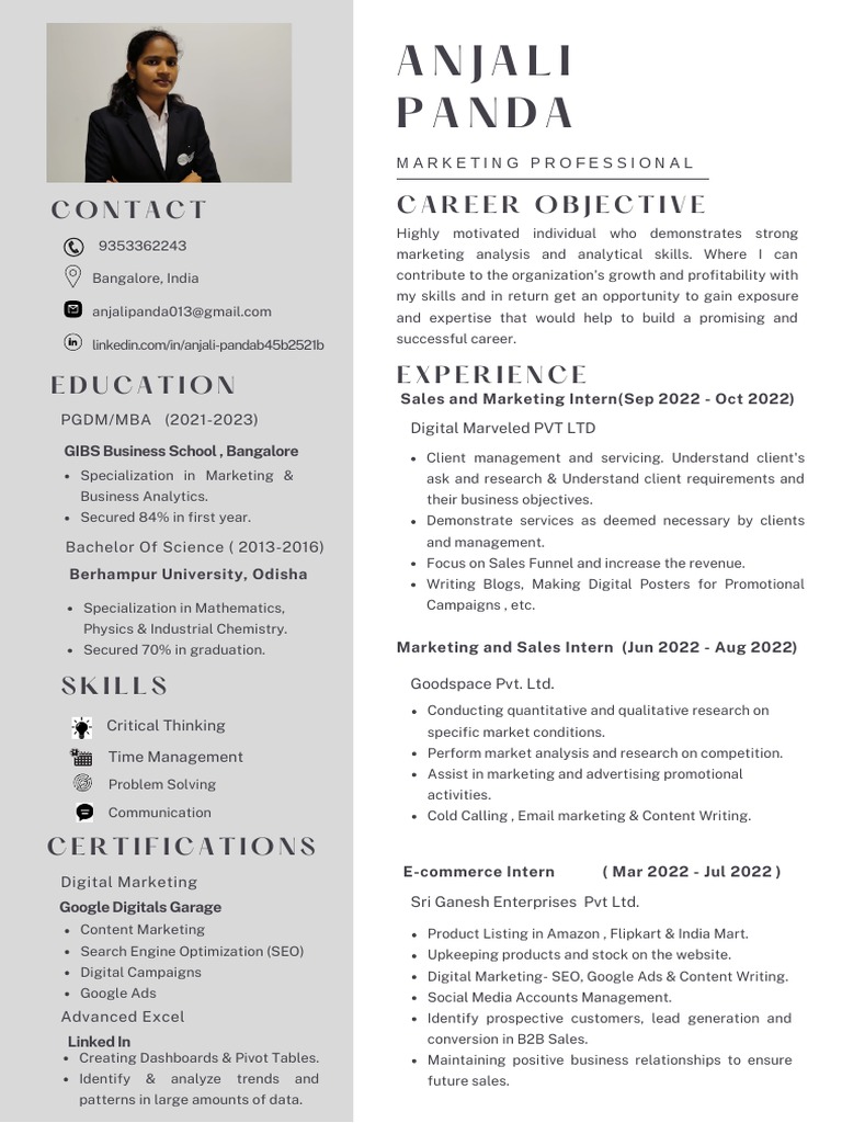 Anjali Panda Marketing Professional Resume | PDF | Marketing | Data