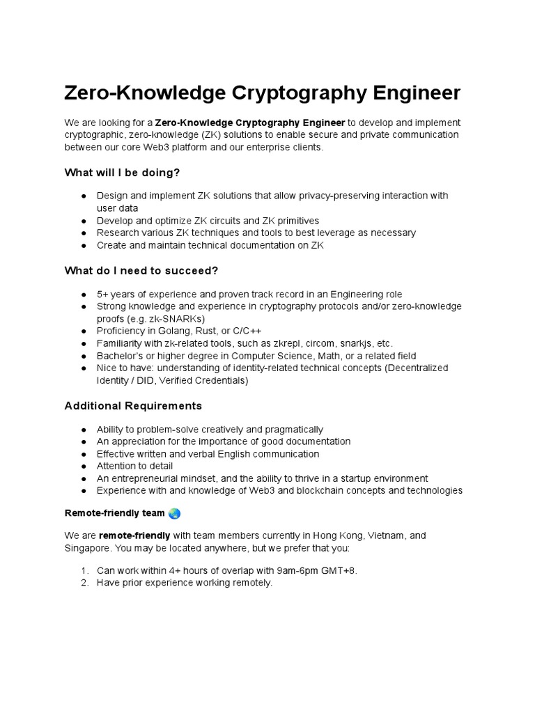 Zero-Knowledge Cryptography Engineer Role | PDF
