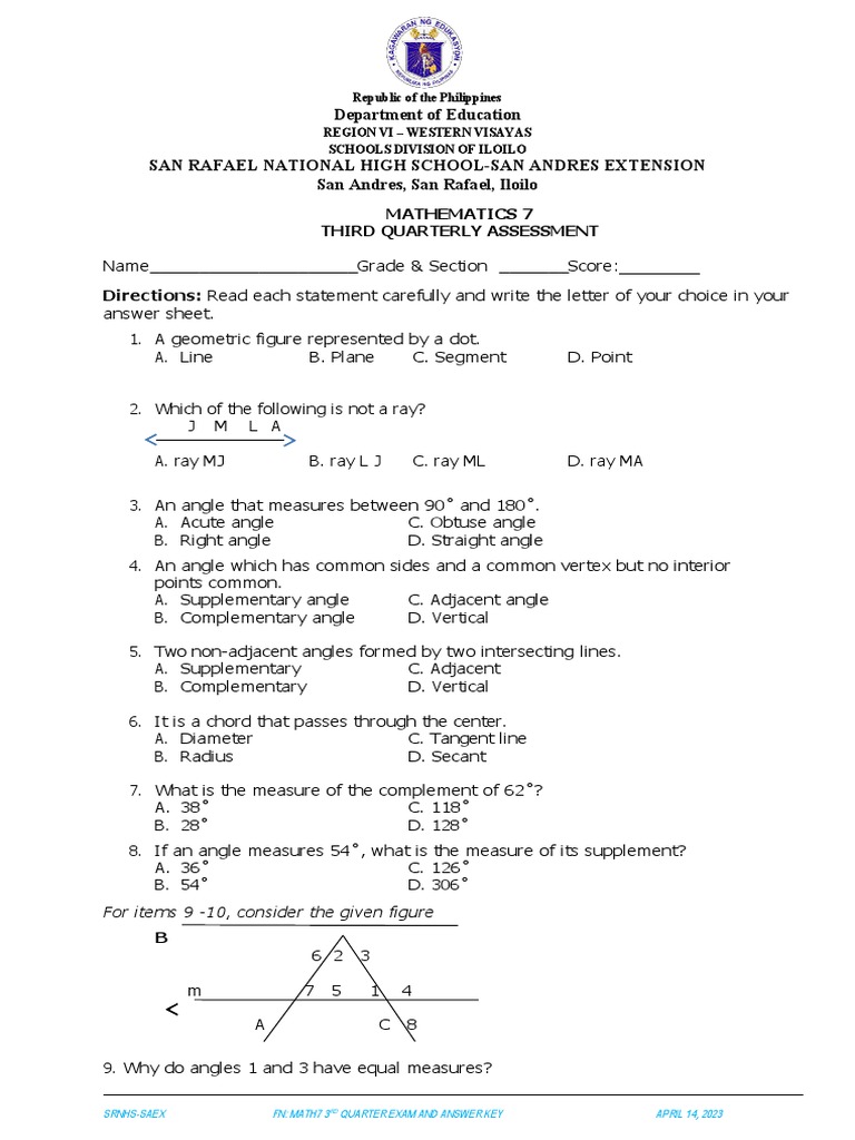 Grade 7 Math 3rd Quarter Exam Key | PDF