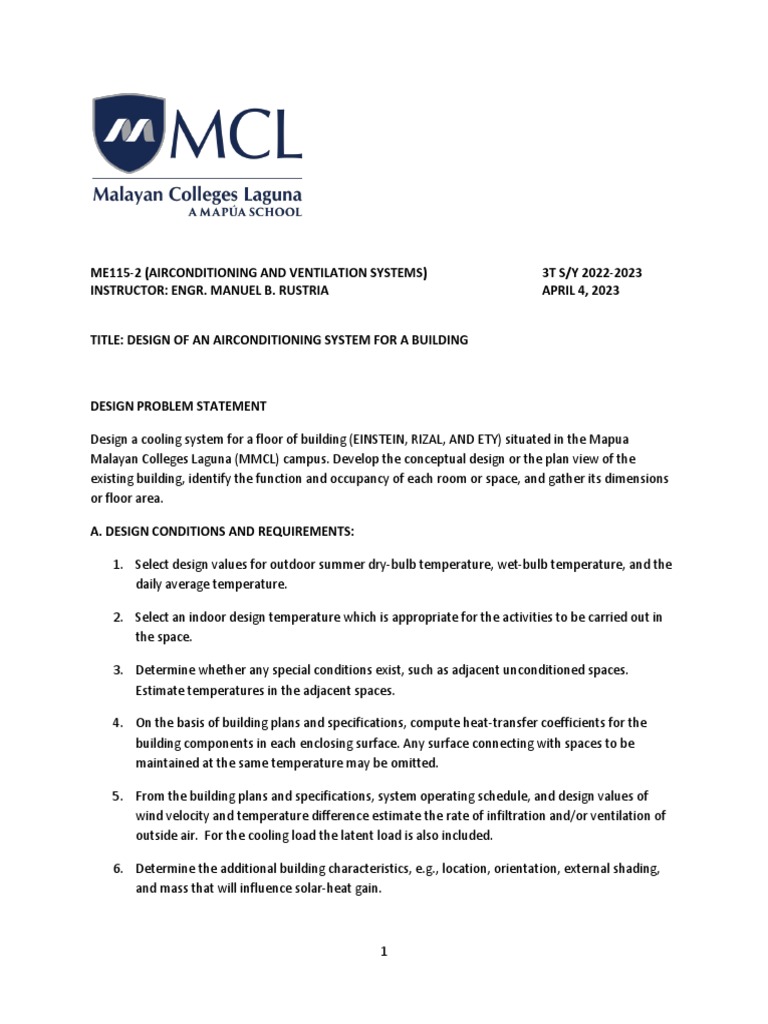 Me115 2 3T 2022 2023 Air Conditioning System Design Project PDF ...