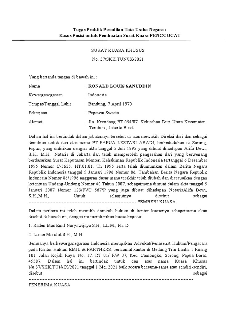 Tugas Praktik Peradilan Tata Usaha Negara SURAT KUASa | PDF