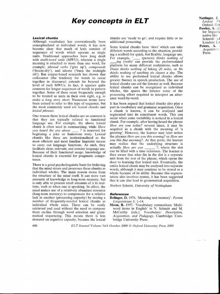 Schmitt (2000) On Lexical Chunks (ELTJ Key Concepts) | PDF