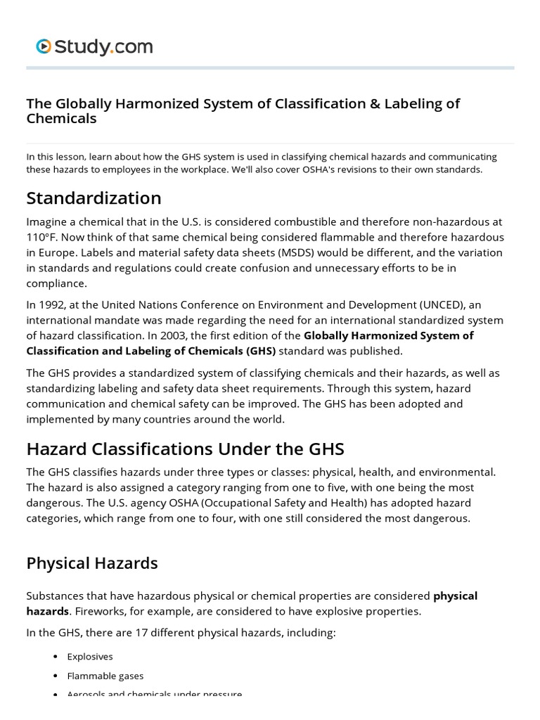 The Globally Harmonized System of Classification & Labeling of Chemicals | PDF
